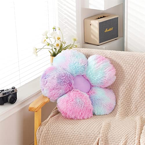 UGEYAO Faux Fur Flower Pillow,Flower Shaped Throw Pillow Butt Cushion Flower Floor Pillow,Seating Cushion,Cute Room Decor & Plush Pillow for Bedroom Sofa Chair (19.7 Inches, Rainbow Purple)