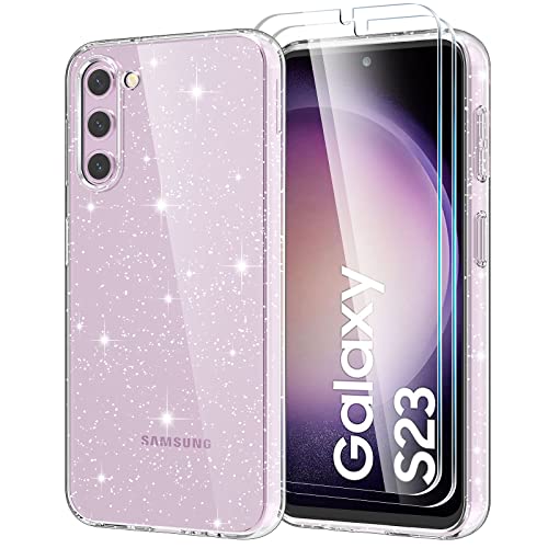 KSWOUS Glitter Case for Samsung Galaxy S23, with Screen Protector[2 Pack], Clear Bling Sparkly Cute Shockproof Protective Slim Cover for Women Girls for Samsung S23 Case