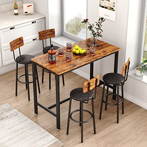 Hosnnile Bar Table Set for 4 with 4 PU Upholstered Stools, Pub Bistro Dinning Table and Stools with Backrest, Counter Height Bar Table Set for Apartment, Kitchen, Small Space