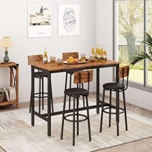 Hosnnile Bar Table Set for 4 with 4 PU Upholstered Stools, Pub Bistro Dinning Table and Stools with Backrest, Counter Height Bar Table Set for Apartment, Kitchen, Small Space