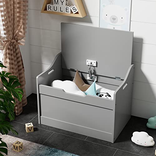 RAAMZO Wood Modern Storage Bench Box Blanket Chest Trunk with Safety Hinged Lid in Grey Finish