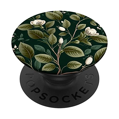 Green Botanical Foliage Design with white flowers PopSockets Swappable PopGrip