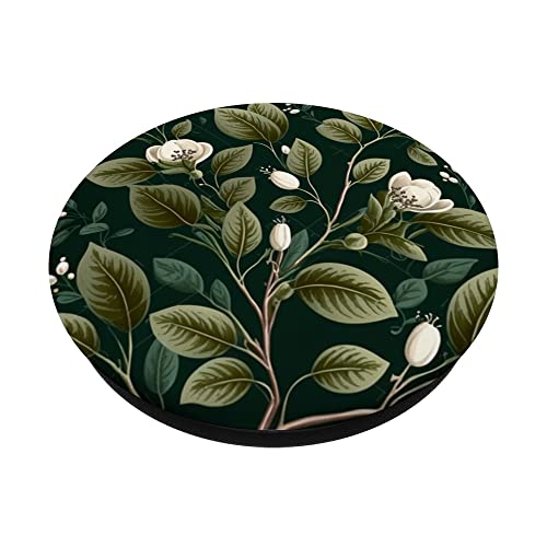 Green Botanical Foliage Design with white flowers PopSockets Swappable PopGrip