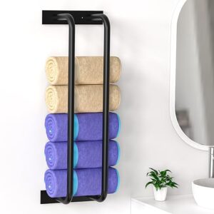 kithold adhesive towel racks for bathroom, wall mounted bathroom towel storage, stainless steel bath rolled towels holder towel organizer shelf for folded large towel beach shower towel - black