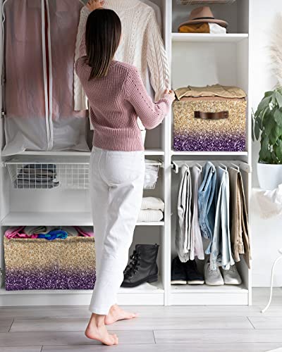 Storage Organizer Bins Set of 1 Storage Baskets for Clothes on Shelves With Handles Gradient Marble Texture Glitter Purple and Gold Rectangular Fabric Laundry Baskets for Organizing