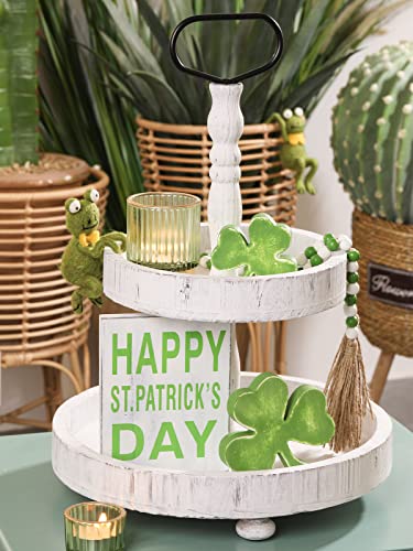 RM ROOMERS St Patrick’s Day Tiered Tray Decor, 4pcs Farmhouses St Patricks Day Table Decor, Irish Theme Wooden Shamrock Signs Table Centerpieces for March, Office, Home