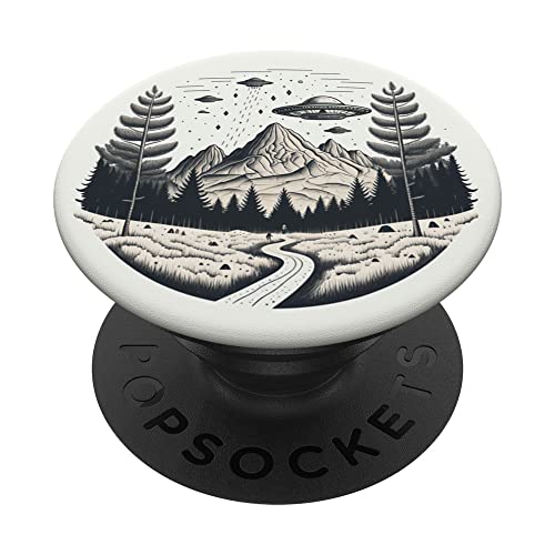 Flying Aliens UFO Saucer surrounded by mountains PopSockets Swappable PopGrip