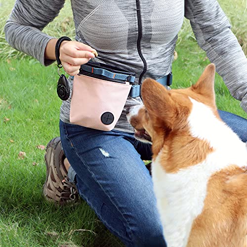 KATOZOO Dog Treat Pouch with Pet Training Clicker, Dog Training Treat Pouch Kit, Magnetic Closure, Hands-Free Training. (Pink)