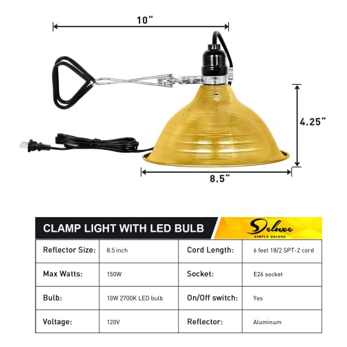 Simple Deluxe 5.5 Inch/8.5 Inch Aluminum Reflector E26 Socket Clamp Light with a Digital Aquarium Thermometer or 2700K LED Bulb