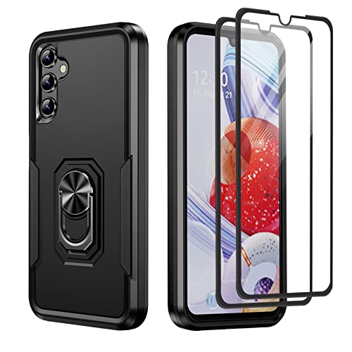 Samsung Galaxy A14 5G Case with Screen Protector, Military Grade Dual Layer Shockproof Heavy Duty Full Body Protective Phone Cover, Built in Rotatable Magnetic Ring Holder for (Black)