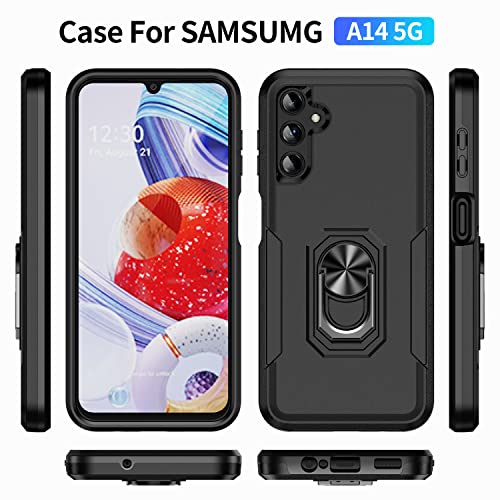 Samsung Galaxy A14 5G Case with Screen Protector, Military Grade Dual Layer Shockproof Heavy Duty Full Body Protective Phone Cover, Built in Rotatable Magnetic Ring Holder for (Black)