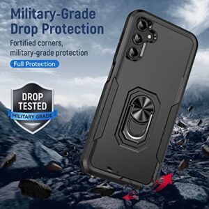 Samsung Galaxy A14 5G Case with Screen Protector, Military Grade Dual Layer Shockproof Heavy Duty Full Body Protective Phone Cover, Built in Rotatable Magnetic Ring Holder for (Black)