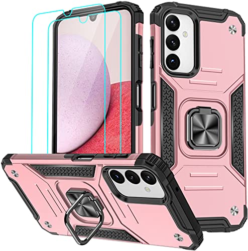 Amytor Designed for Samsung Galaxy A14 5G Case[2 x Tempered Glass Screen Protector] [ Military Grade ] 17Ft. Drop Tested Armor Protective Phone Case with Magnetic Car Mount Ring Kickstand (Rose Gold)