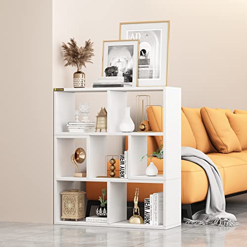 ALISENED 7-Cube Storage Shelf Organizer Bookshelf System, Modern Bookcase Open Standing Book Shelving Cabinet,Wooden Bookshelf Display Cube Shelves Compartments