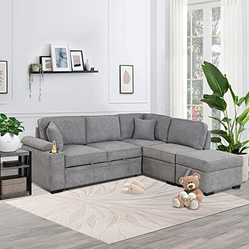 Melpomene Sectional Sleeper Sofa with Pull-Out Bed and Storage Ottoman, Modern L-Shape Couch w/USB Port and Cupholder,Grey