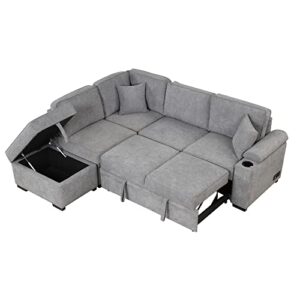 Melpomene Sectional Sleeper Sofa with Pull-Out Bed and Storage Ottoman, Modern L-Shape Couch w/USB Port and Cupholder,Grey