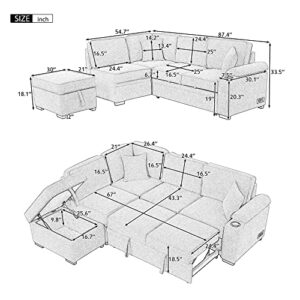 Melpomene Sectional Sleeper Sofa with Pull-Out Bed and Storage Ottoman, Modern L-Shape Couch w/USB Port and Cupholder,Grey