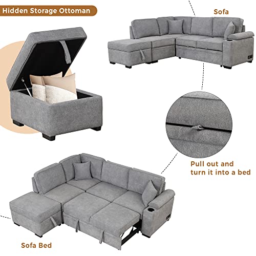 Melpomene Sectional Sleeper Sofa with Pull-Out Bed and Storage Ottoman, Modern L-Shape Couch w/USB Port and Cupholder,Grey