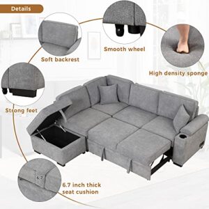 Melpomene Sectional Sleeper Sofa with Pull-Out Bed and Storage Ottoman, Modern L-Shape Couch w/USB Port and Cupholder,Grey