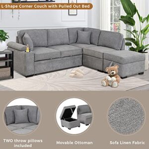 Melpomene Sectional Sleeper Sofa with Pull-Out Bed and Storage Ottoman, Modern L-Shape Couch w/USB Port and Cupholder,Grey