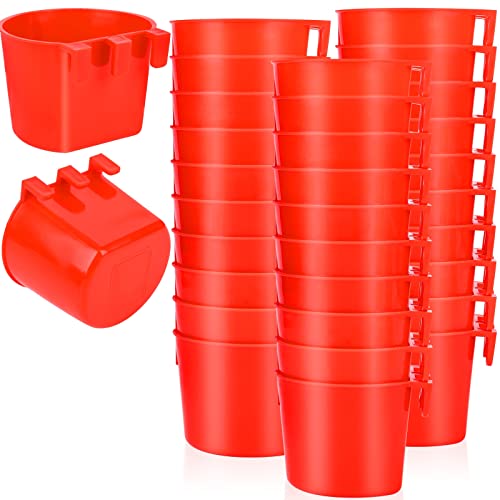 50 Pieces Cage Cups Plastic Hanging Bird Feeding Cups Universal Cage Cups Birds Feeders Seed Bowl Chicken Feeding Watering Dish with Hooks for Pet Pigeon Parrot Parakeet Poultry (Red)