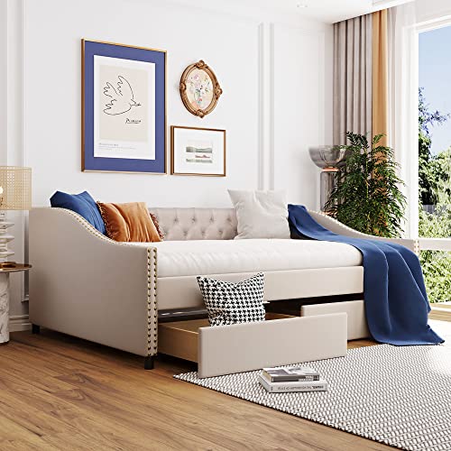 ODC Full Size Daybed with Two Storage Drawers,Solid Wooden Upholstered Daybed Dual-use Sofa Bed Bedframe w/Wood Slat Support & Safety Guardrails,Space-Saving Design & No Box Spring Needed