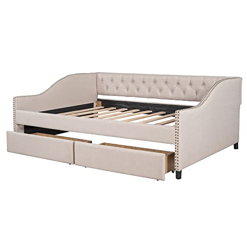 ODC Full Size Daybed with Two Storage Drawers,Solid Wooden Upholstered Daybed Dual-use Sofa Bed Bedframe w/Wood Slat Support & Safety Guardrails,Space-Saving Design & No Box Spring Needed