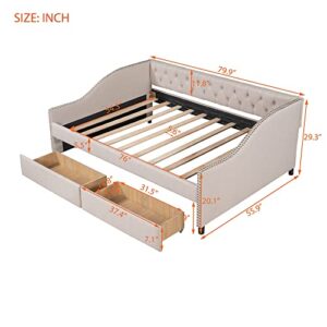 ODC Full Size Daybed with Two Storage Drawers,Solid Wooden Upholstered Daybed Dual-use Sofa Bed Bedframe w/Wood Slat Support & Safety Guardrails,Space-Saving Design & No Box Spring Needed