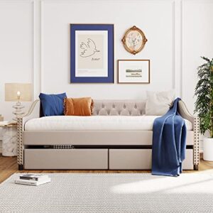 ODC Full Size Daybed with Two Storage Drawers,Solid Wooden Upholstered Daybed Dual-use Sofa Bed Bedframe w/Wood Slat Support & Safety Guardrails,Space-Saving Design & No Box Spring Needed