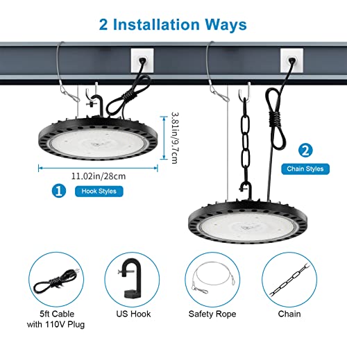 TYCOLIT LED High Bay Light 200W 2 Pack, 5000K Bright UFO LED High Bay Lights 20000LM with US Plug 5ft Cable,IP65 LED UFO Bay Lighting with Chain&Safety Rope for Warehouse Workshop Factory Garage