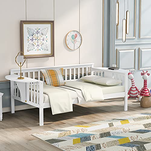 Woanke Twin Size Daybed, Wooden Daybed Frame with Wood Slat Support, Dual-use Sturdy Sofa Bed for Bedroom Living Room, White