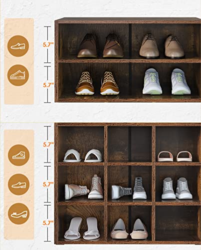 HAIOOU Shoe Cubby, 9-Cube Stackable Wood Shoe Rack Organizer 5-Tier Freestanding Wooden Shoe Stand with 2 Storage Shelf for 10-15 Pairs, Ideal for Apartment Entryway Closet Organization - Rustic Brown