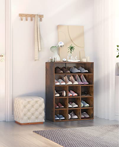 HAIOOU Shoe Cubby, 9-Cube Stackable Wood Shoe Rack Organizer 5-Tier Freestanding Wooden Shoe Stand with 2 Storage Shelf for 10-15 Pairs, Ideal for Apartment Entryway Closet Organization - Rustic Brown