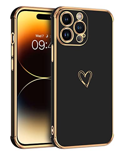 BENTOBEN iPhone 14 Pro Case, Cute Heart Pattern Slim 14 Pro Charging Case, Soft Flexible Shockproof TPU Bumper Women Girl Non-Slip Lightweight Protective Phone Cover for iPhone 14 Pro 6.1", Black/Gold