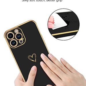 BENTOBEN iPhone 14 Pro Case, Cute Heart Pattern Slim 14 Pro Charging Case, Soft Flexible Shockproof TPU Bumper Women Girl Non-Slip Lightweight Protective Phone Cover for iPhone 14 Pro 6.1", Black/Gold