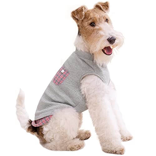 KYEESE Waffle Dog Shirts for Small Dogs Soft Stretchy Dog T-shirts Lightweight Dog Tank Top Sleeveless Dog Vest Breathable Cat Shirt Puppy Clothes with Small Pocket Decorations and Plaid Patchwork