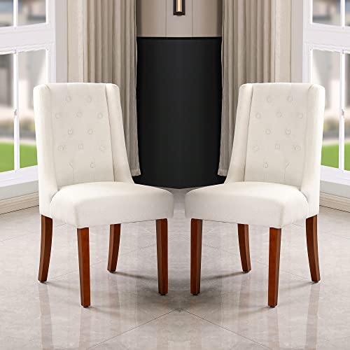 Morhome Upholstered Dining Set of 2 Elegant Tufted Fabric Parsons Chair with Solid Wood Legs, White