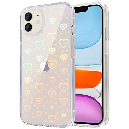 Tksafy for iPhone 11 Case, Clear Glitter Cute Laser Holographic Love Heart Pattern for Women Girls, Anti-Scratch Hard PC Protective Phone Cover for Apple iPhone 11 6.1-inch 2019, Rainbow Heart