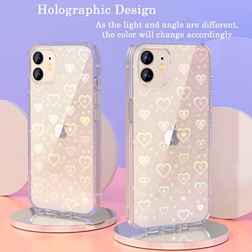 Tksafy for iPhone 11 Case, Clear Glitter Cute Laser Holographic Love Heart Pattern for Women Girls, Anti-Scratch Hard PC Protective Phone Cover for Apple iPhone 11 6.1-inch 2019, Rainbow Heart