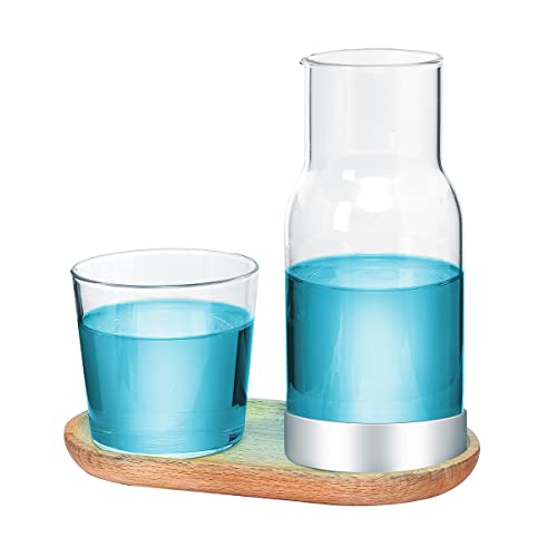 Bedside Glass Water Carafe Set with Tumbler Glass,18Oz Night Water Carafe with Cup Set for Bedroom Nightstand Include Wooden Tray