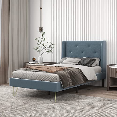 AGARTT Upholstered Platform Twin Size Bed Frame with Wingback Headboard No Box Spring Required No Noise Dark Grey Linen