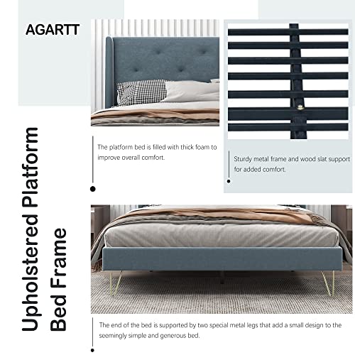 AGARTT Upholstered Platform Twin Size Bed Frame with Wingback Headboard No Box Spring Required No Noise Dark Grey Linen