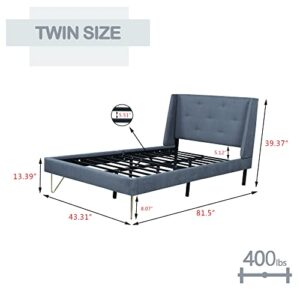 AGARTT Upholstered Platform Twin Size Bed Frame with Wingback Headboard No Box Spring Required No Noise Dark Grey Linen