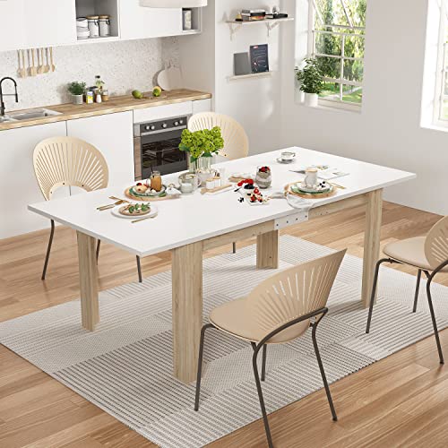 ECACAD Large Extendable Dining Table for 6-8 People, Modern Wood Kitchen Table Rectangular Table for Dining Room, Living Room, White & Brown (37.4”W x 29.5”H x 60.2”L - 77.2”L)