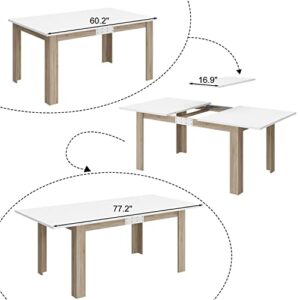 ECACAD Large Extendable Dining Table for 6-8 People, Modern Wood Kitchen Table Rectangular Table for Dining Room, Living Room, White & Brown (37.4”W x 29.5”H x 60.2”L - 77.2”L)