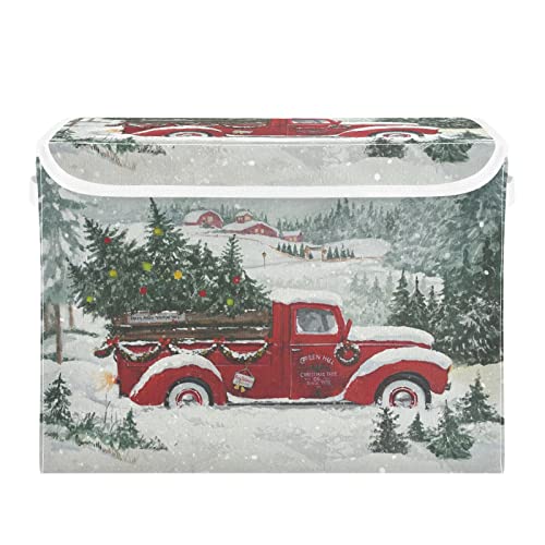 Retro Christmas Red Truck Storage Bins for Closet, Collapsible Storage Baskets with Lids and Handles for Shelves Closet Home Decor