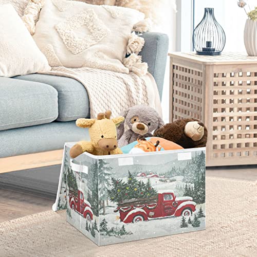 Retro Christmas Red Truck Storage Bins for Closet, Collapsible Storage Baskets with Lids and Handles for Shelves Closet Home Decor