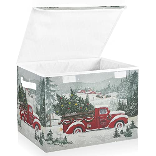 Retro Christmas Red Truck Storage Bins for Closet, Collapsible Storage Baskets with Lids and Handles for Shelves Closet Home Decor