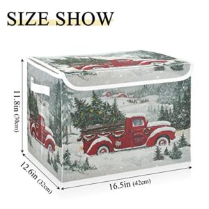 Retro Christmas Red Truck Storage Bins for Closet, Collapsible Storage Baskets with Lids and Handles for Shelves Closet Home Decor