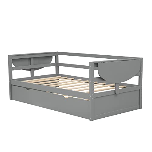 SOFTSEA Twin Daybed with Foldable Shelves, Wood Day Bed Frame with Trundle (Gray)